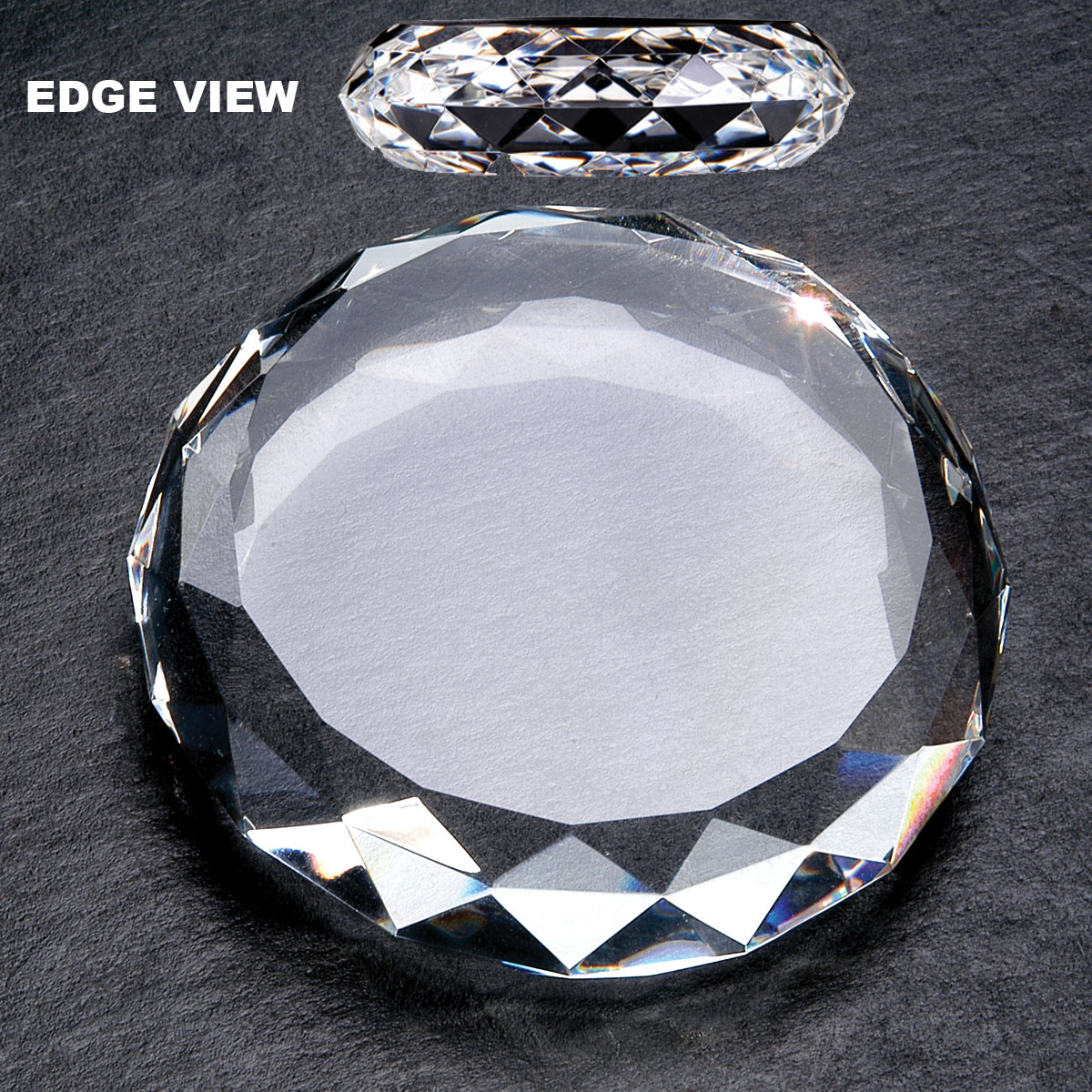 Round Gem Cut Optical Paperweight 3.5" x 3/4": Glassplax